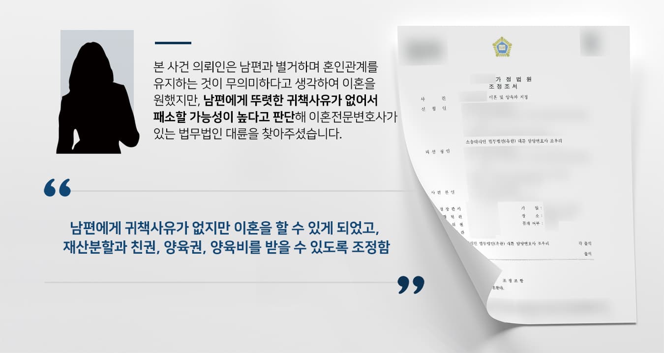 이혼조정 성공사례 귀책사유가 없는 남편을 상대로 재산분할과 친권 양육권 양육비를 받을 수 있도록 조정 대륜